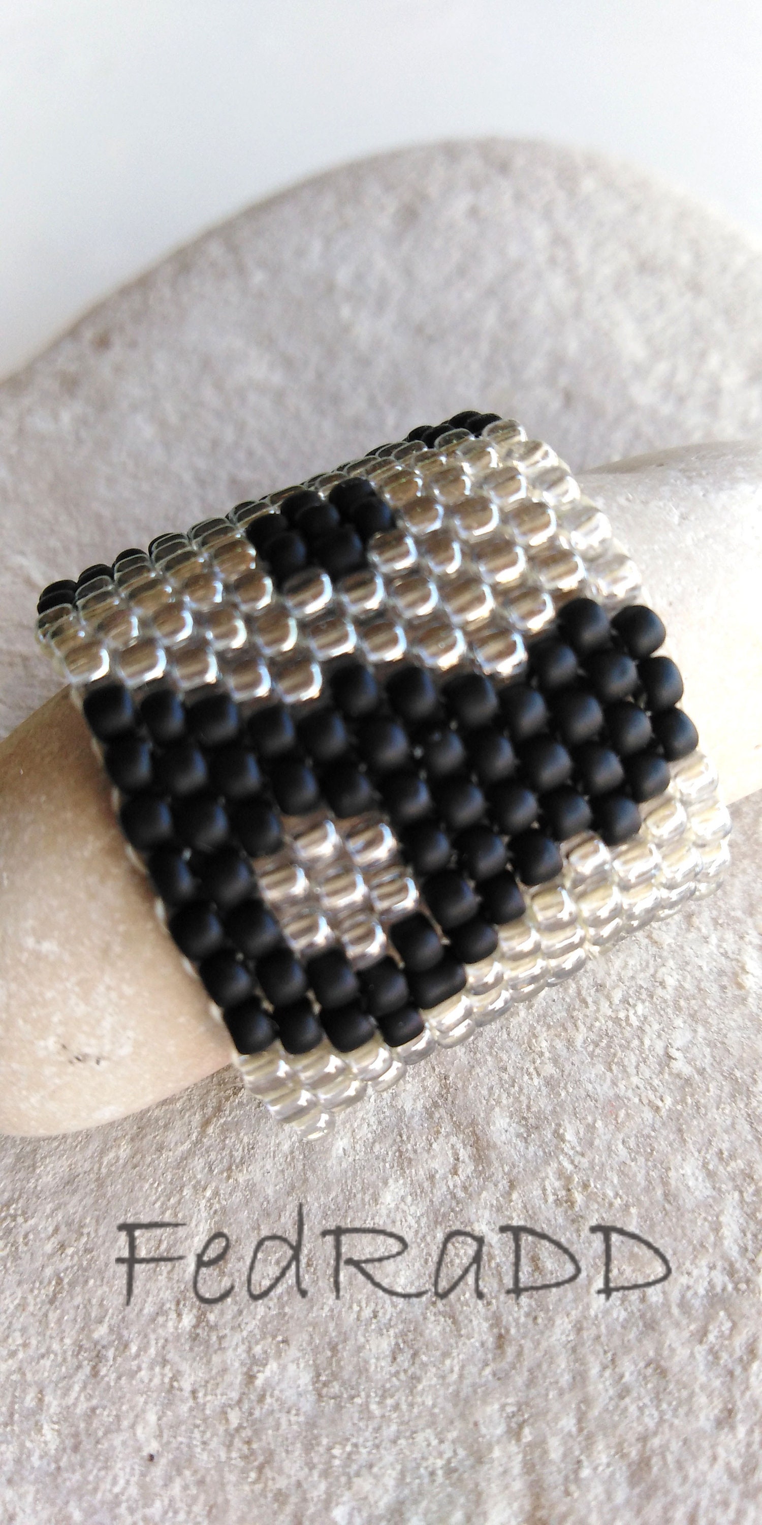 Ring, String Beads, Peyote Style, Black and White Yin Yang Symbol ...