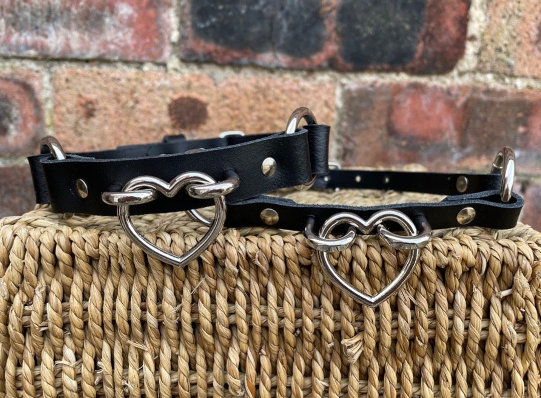 Real Leather Three Ring & Hoop Choker 10mm or 20mm Width With Heart ...