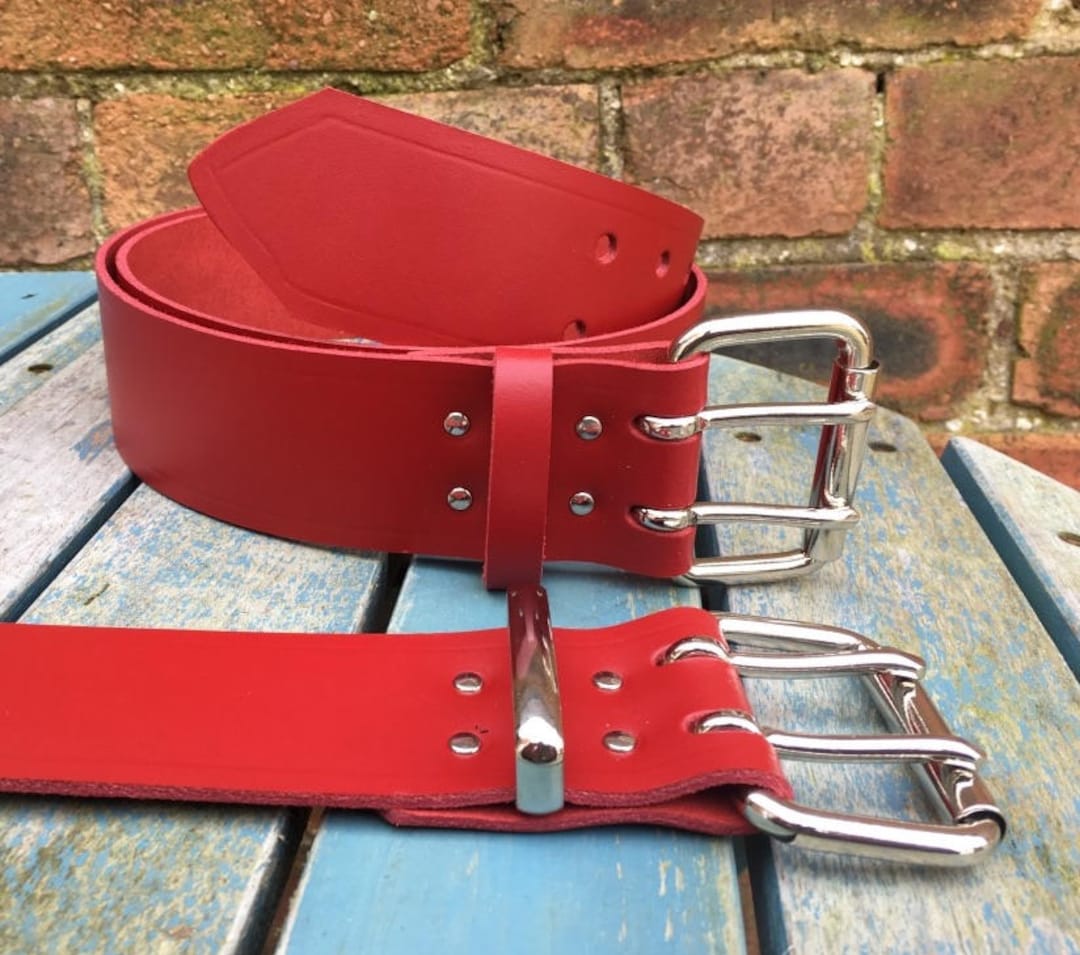 Red Leather Double Prong Belt 1 1/2" (38mm) or 2" (50mm) Wide Handmade ...