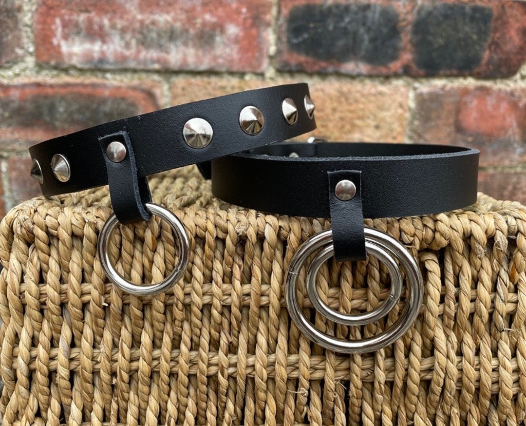 Real Leather Hanging O-ring Choker With or Without Round Studs Necklace ...