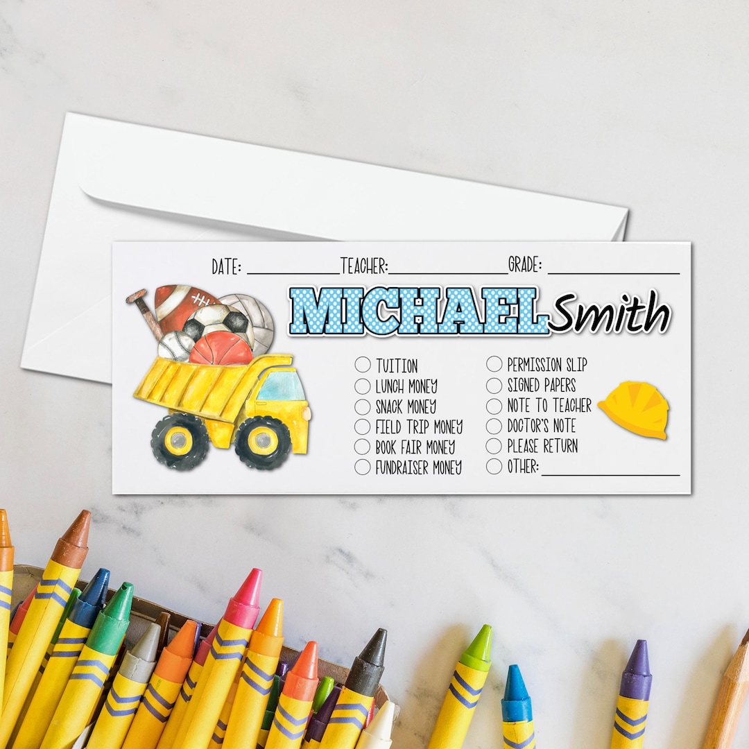 Personalized Dump Truck School Envelopes | Money Holder for Kids - Etsy