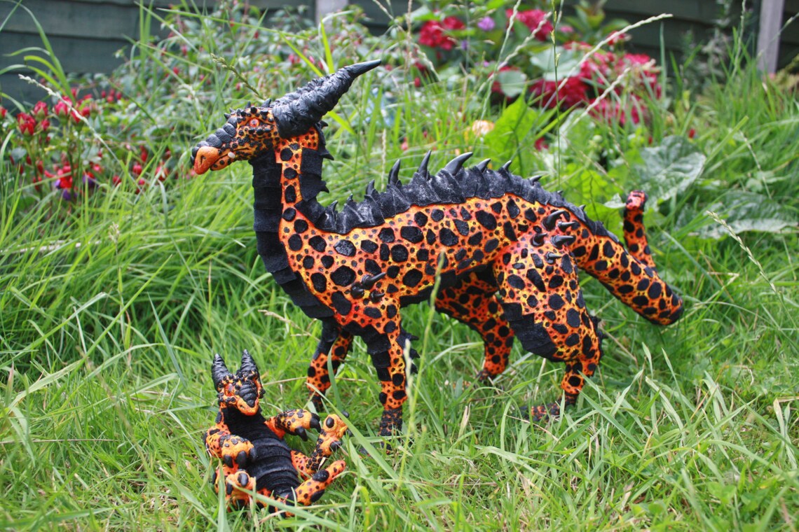 Pair of Poseable Art Doll, Volcanic Dragons, Textile Sculpture, Fantasy ...
