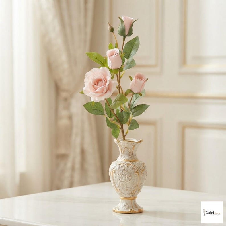 Artificial Silk Rose Branch, 5 Flower Heads, Long Stem, Wedding Home ...