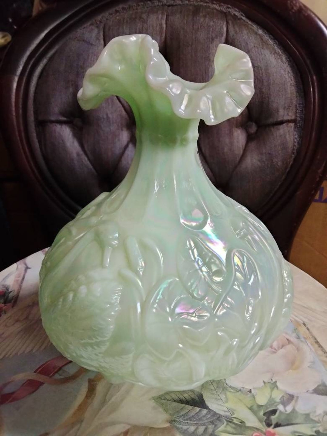 Fenton Irridescent Jadeite Vase - Etsy