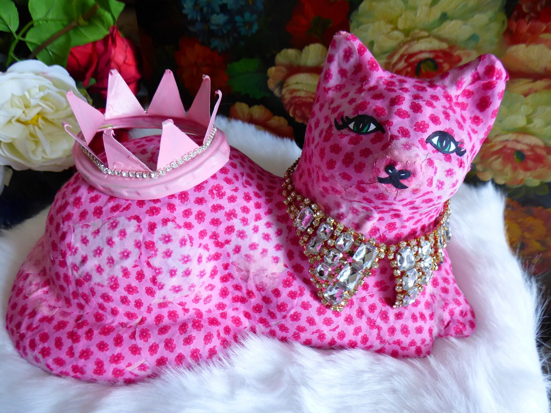 Retro Decoupage 1970s Folk Art Kitten Upcycled Vintage Pink Heart ...