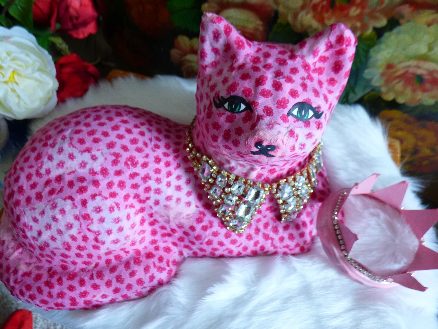 Retro Decoupage 1970s Folk Art Kitten Upcycled Vintage Pink Heart ...