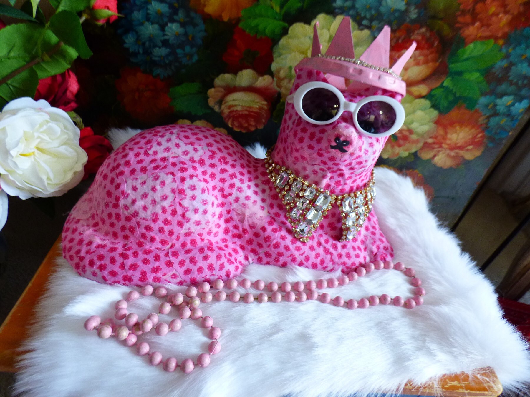 Retro Decoupage 1970s Folk Art Kitten Upcycled Vintage Pink Heart ...
