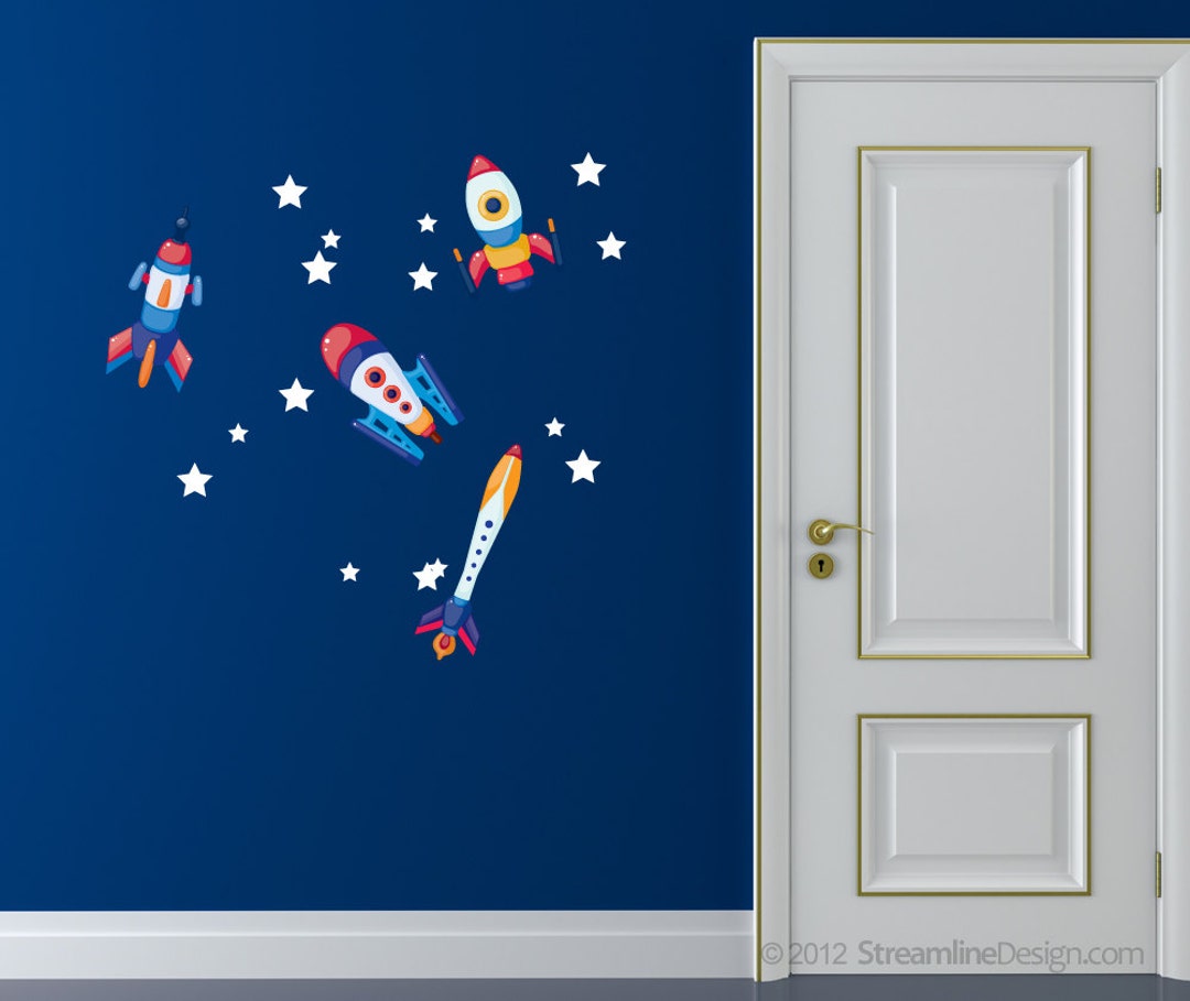 Printed Rockets With Stars Wall Decals | Space Theme Bedroom Rocket ...