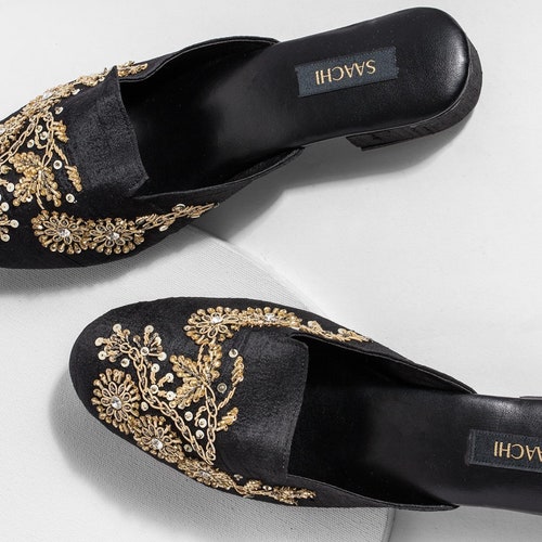 Black Silk Low Heel Hand Beaded Mules Hand Embroidered Block - Etsy