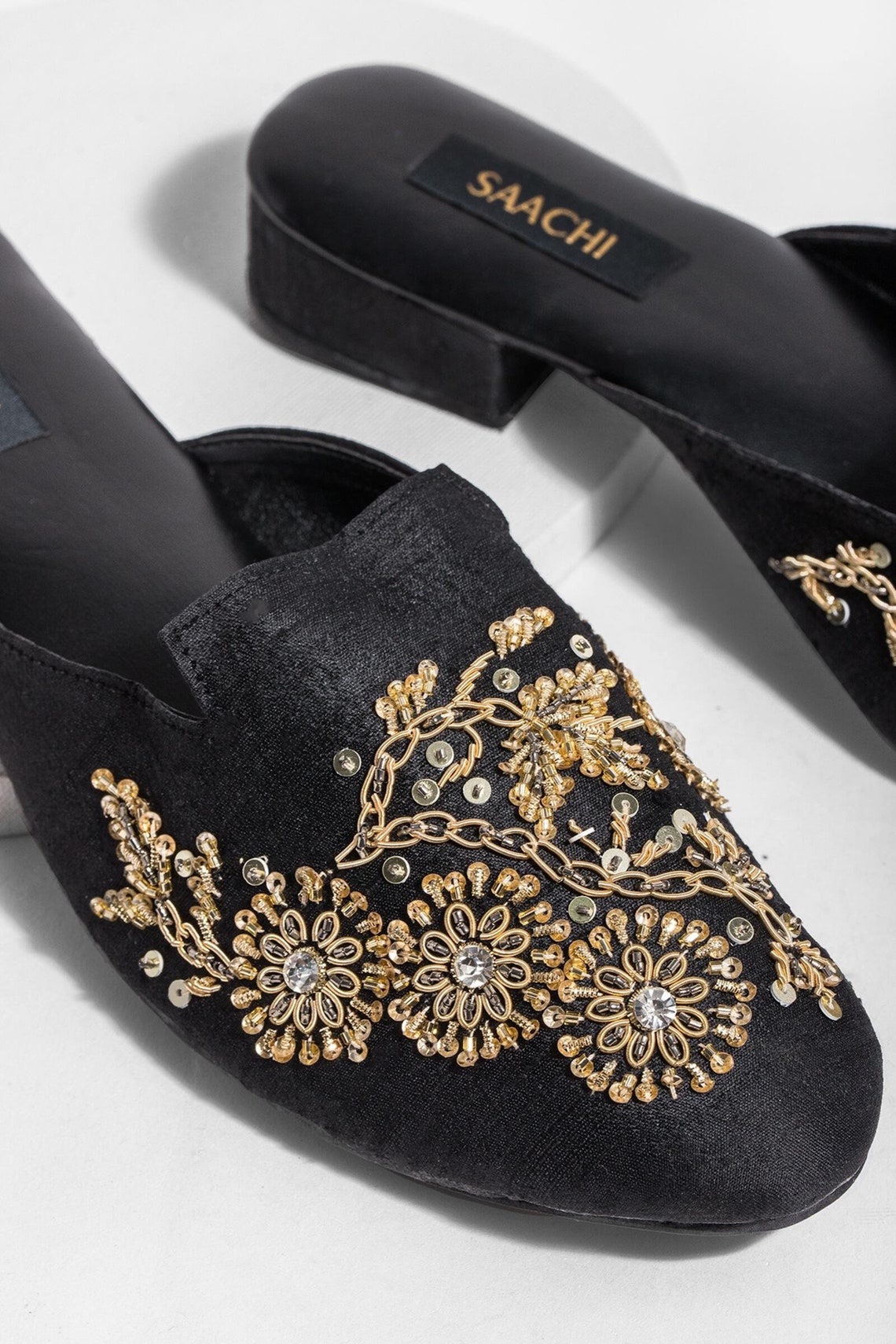 Black Silk Low Heel Hand Beaded Mules, Hand Embroidered Block Heel ...