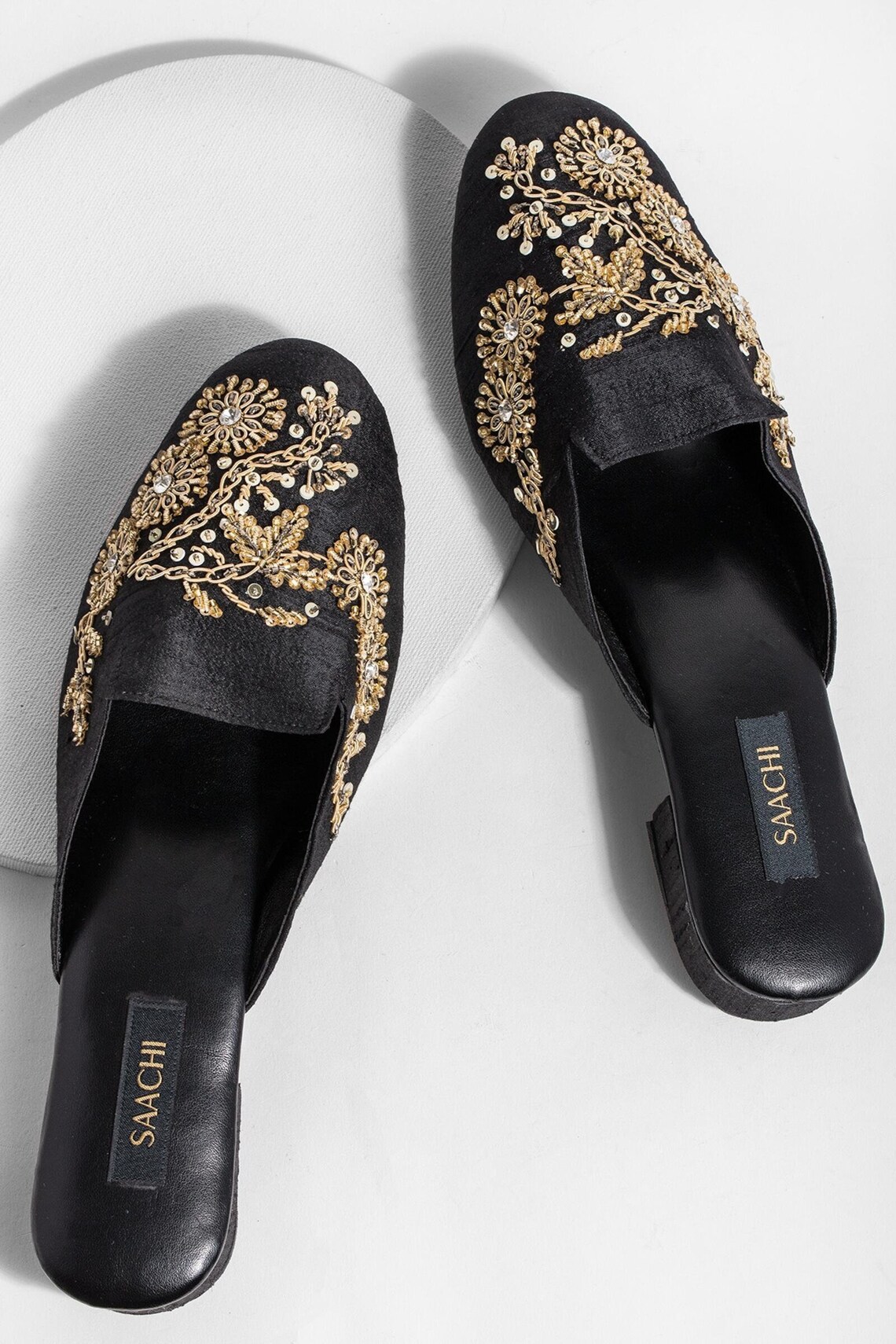 Black Silk Low Heel Hand Beaded Mules, Hand Embroidered Block Heel ...