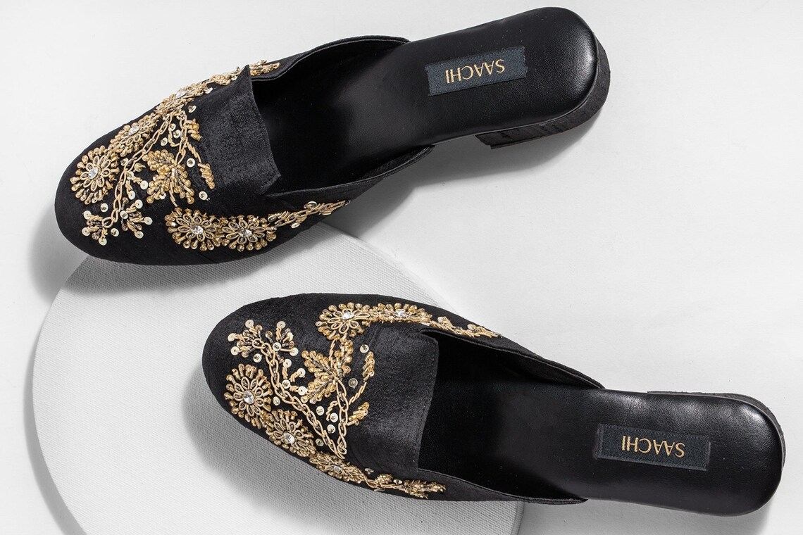 Black Silk Low Heel Hand Beaded Mules, Hand Embroidered Block Heel ...