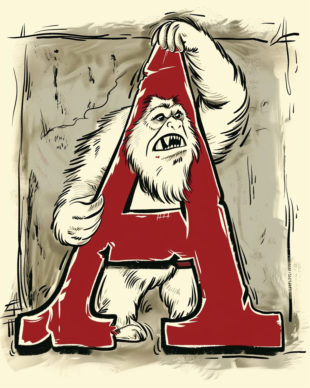 A is for Abominable Snowman Children Alphabet Vintage Cryptid Woodblock ...