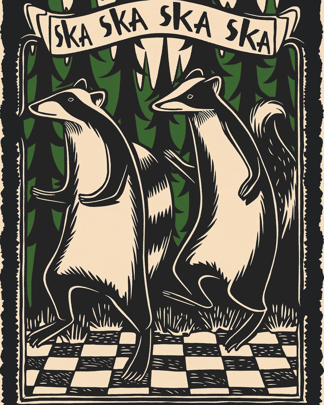 Ska Skunks and Raccoons - Skanking in the Forest - Two Tone Black and ...