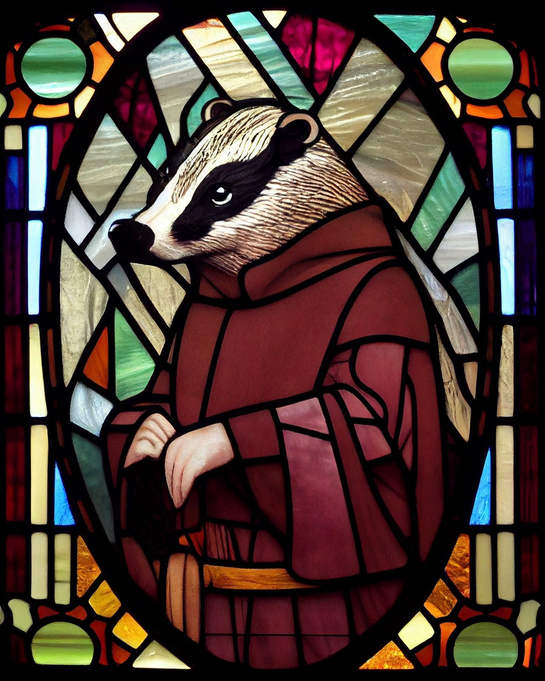 Monk Badger Stained Glass Church Monastery Window - Holy Animal Painted Classical England Art ...