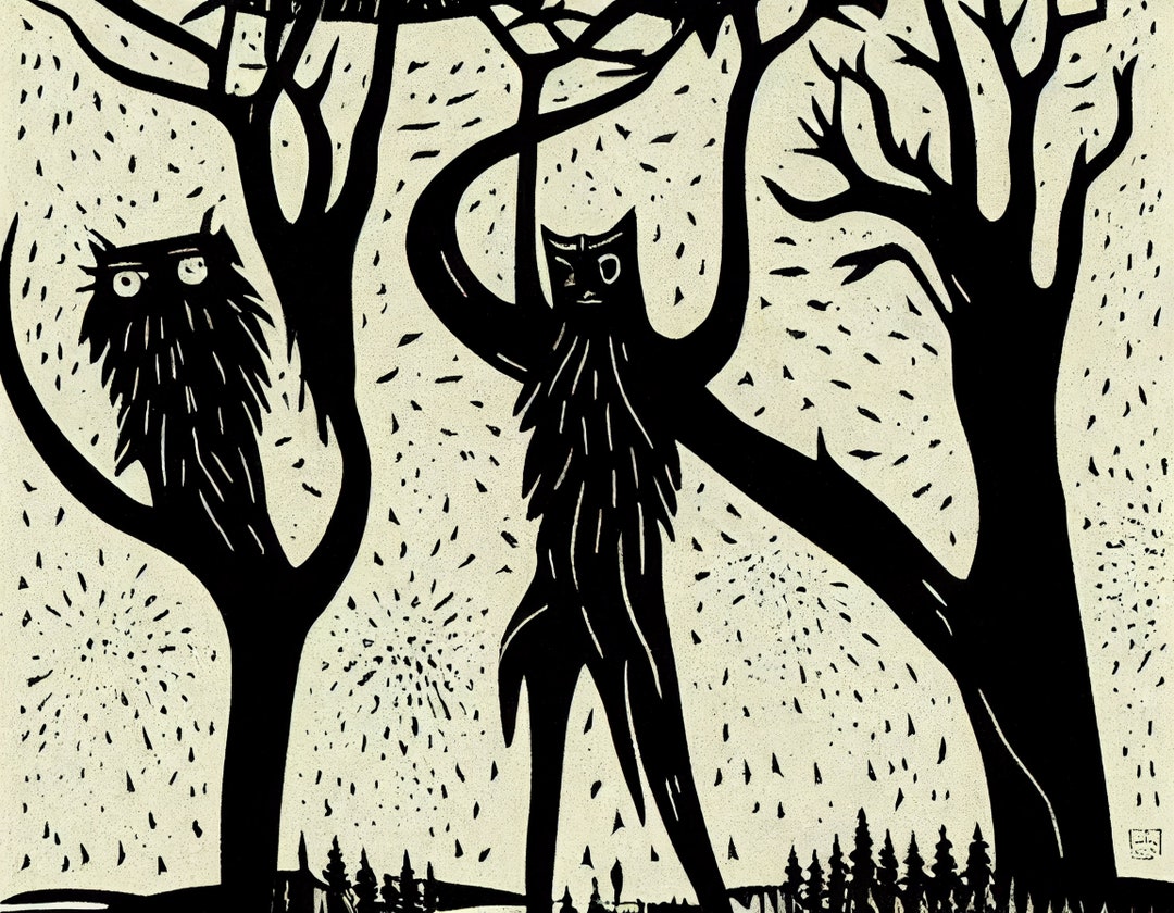 Mothman and Owlman Team up and Hijinks Ensue - Cryptid AI Woodblock ...