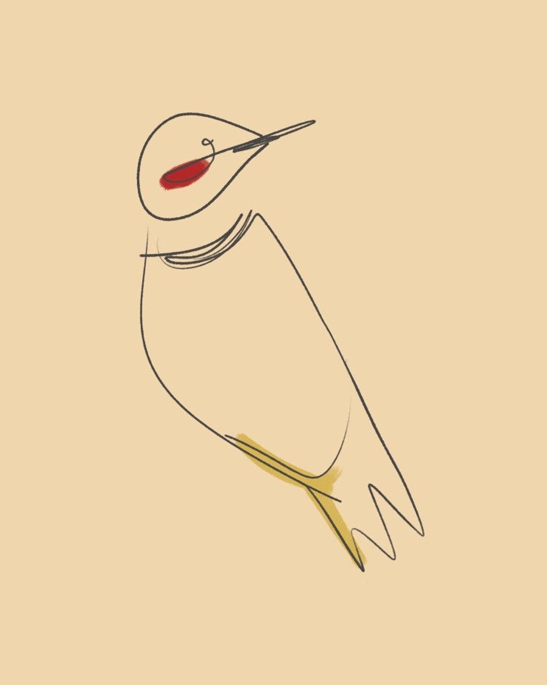 Northern Flicker Bird Minimalism Line Drawing Red Yellow 8x10 Inch ...