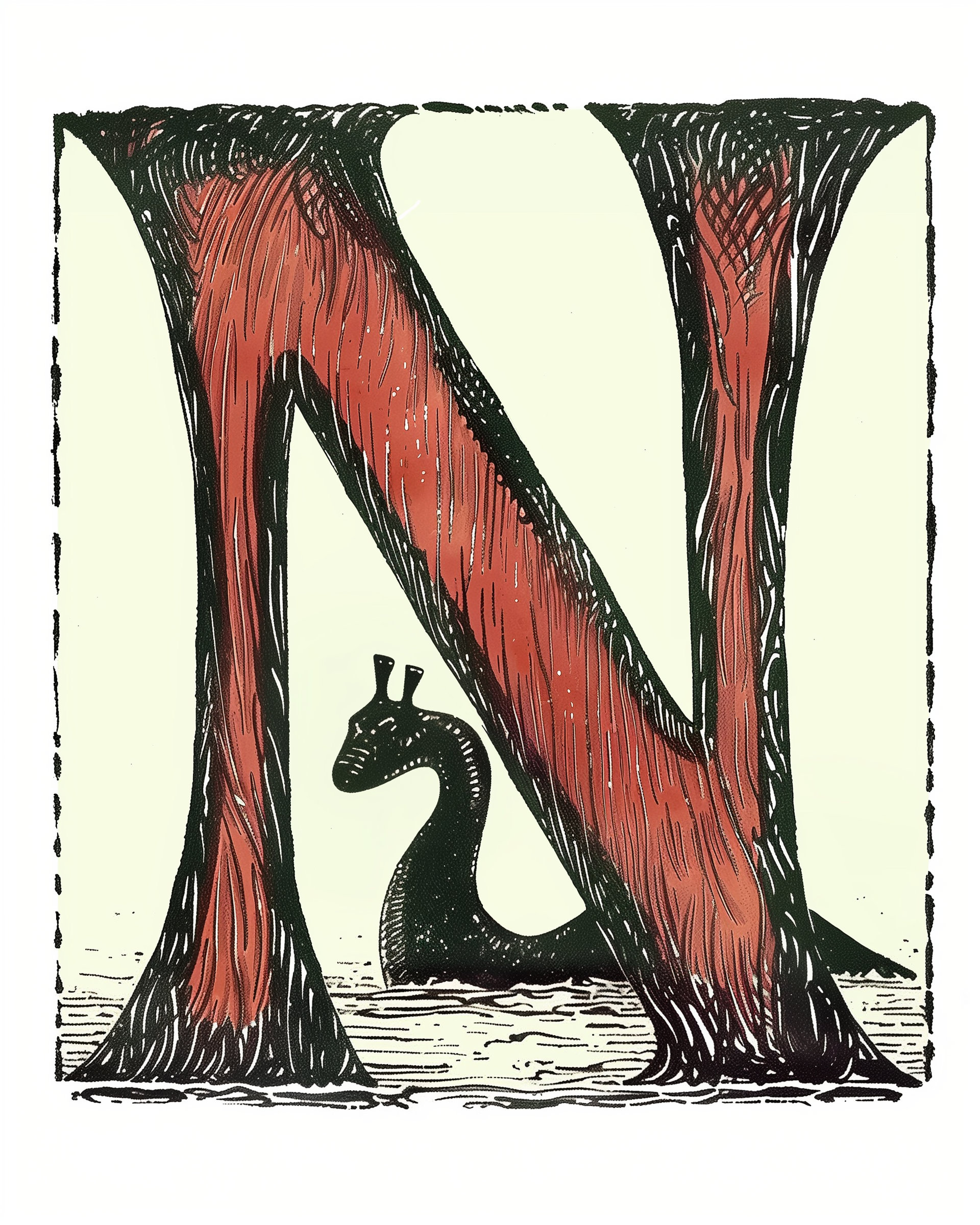 N is for Nessie Children Kid Alphabet Vintage Cryptid Woodblock Linocut Loch Ness Monster ...