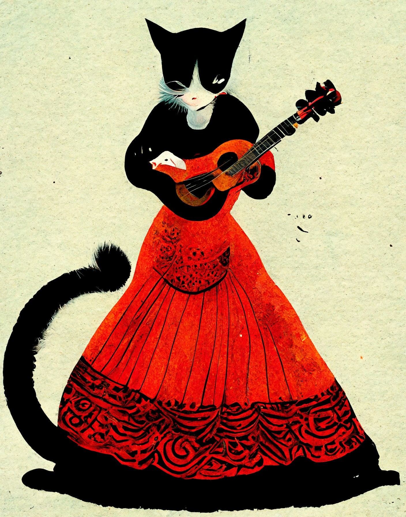 Flamenco Feline Singer Dancer Cat Kitten in Red Dress Playing Guitar AI ...