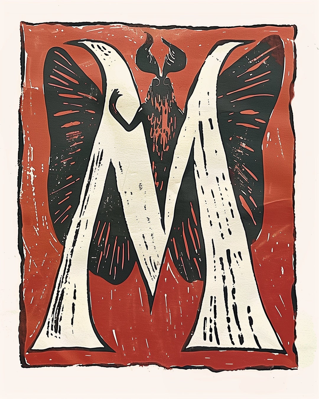 M is for Mothman - Children Kid Alphabet Vintage Cryptid Woodblock ...