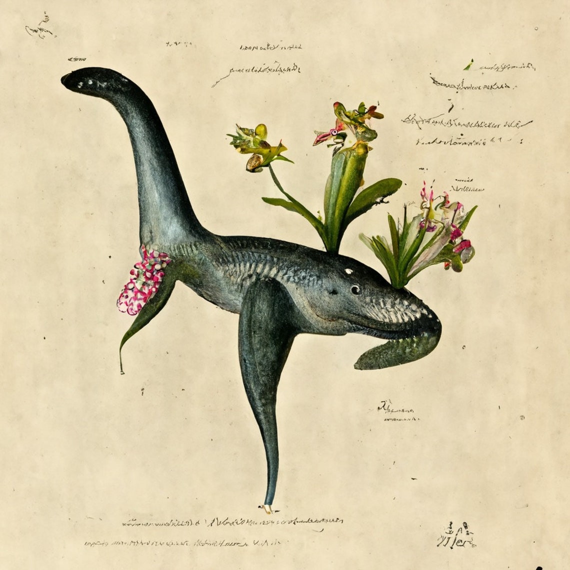 Cryptid Loch Ness Monster Audubon Style AI Illustration 5x5 Inch Print ...