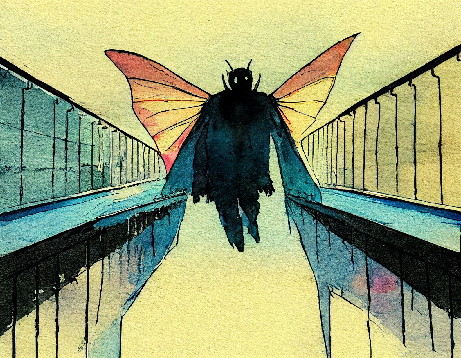 The Inevitable Mothman and the Bridge - AI Watercolor Style 8x10 Inch ...