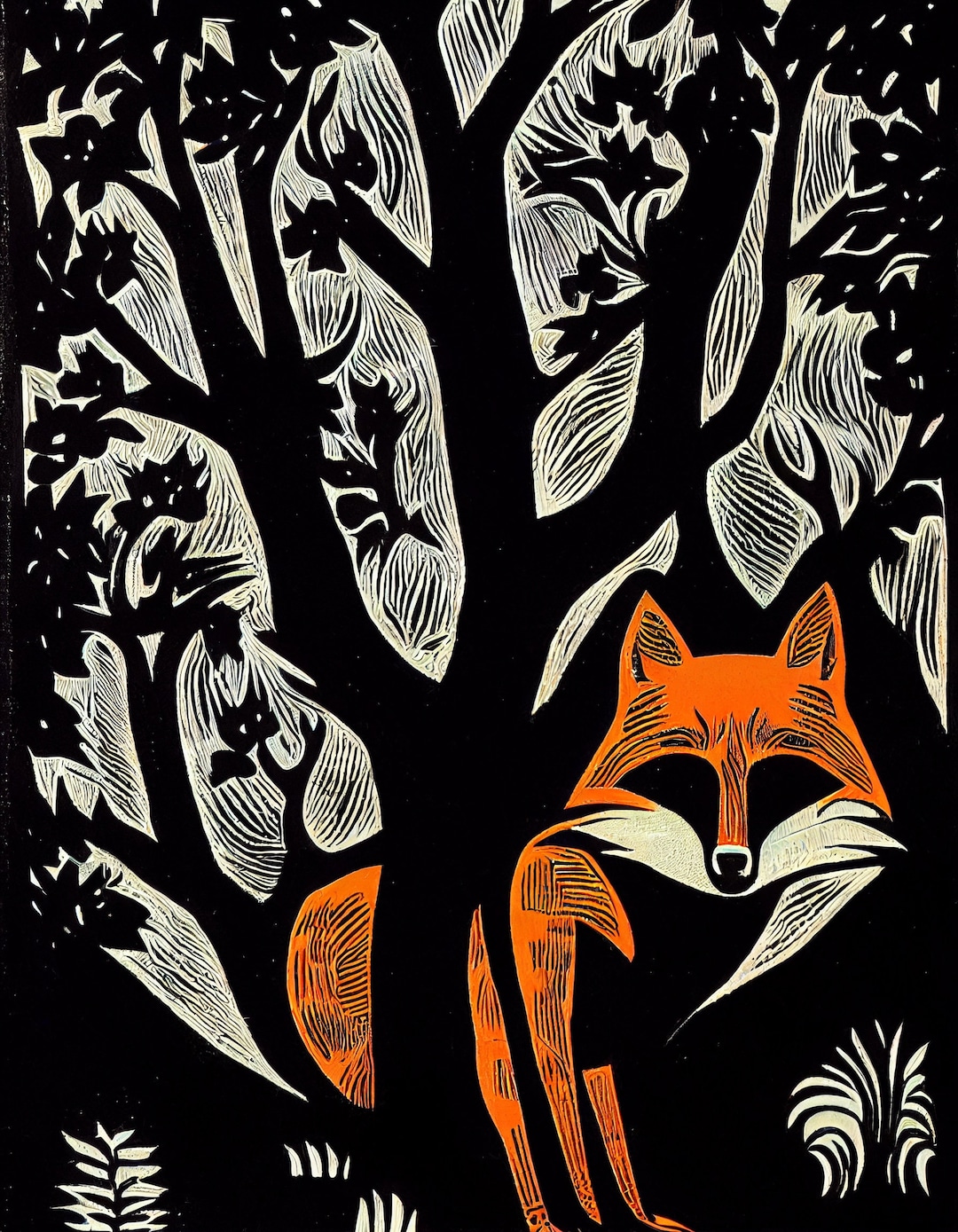Fox in the Forest - AI Linocut Woodblock Style 8x10 Inch Art Print - Etsy