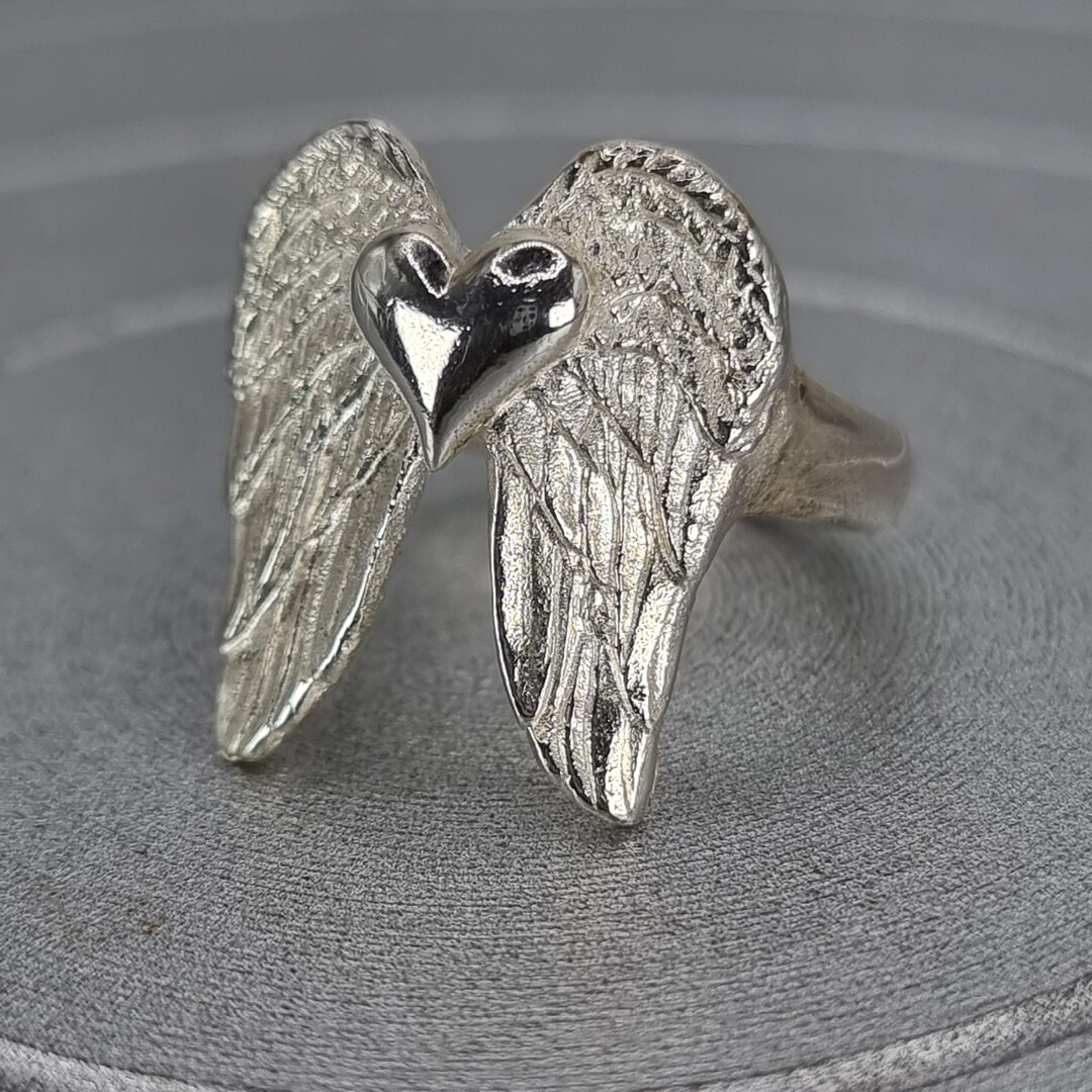 Sterling Silver Winged Heart Ring: Chunky Angel Feather Statement Ring ...