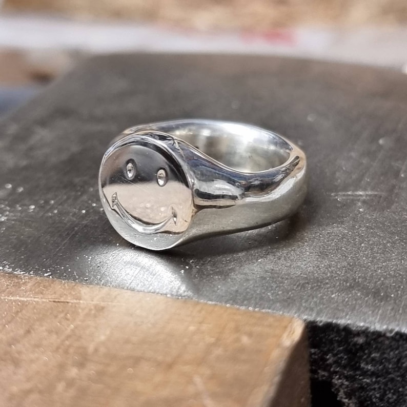 Smiley Face Signet Ring Rave Emoji Sterling Silver 90s - Etsy
