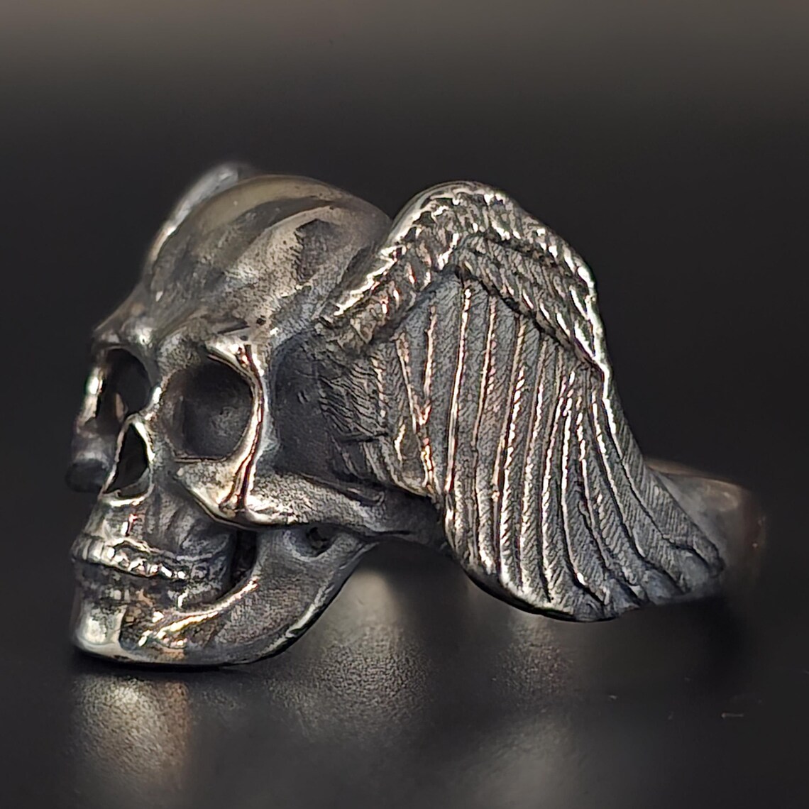 Winged Skull Ring Chunky Heavy Sterling Silver Biker Ring Gothic Rock ...