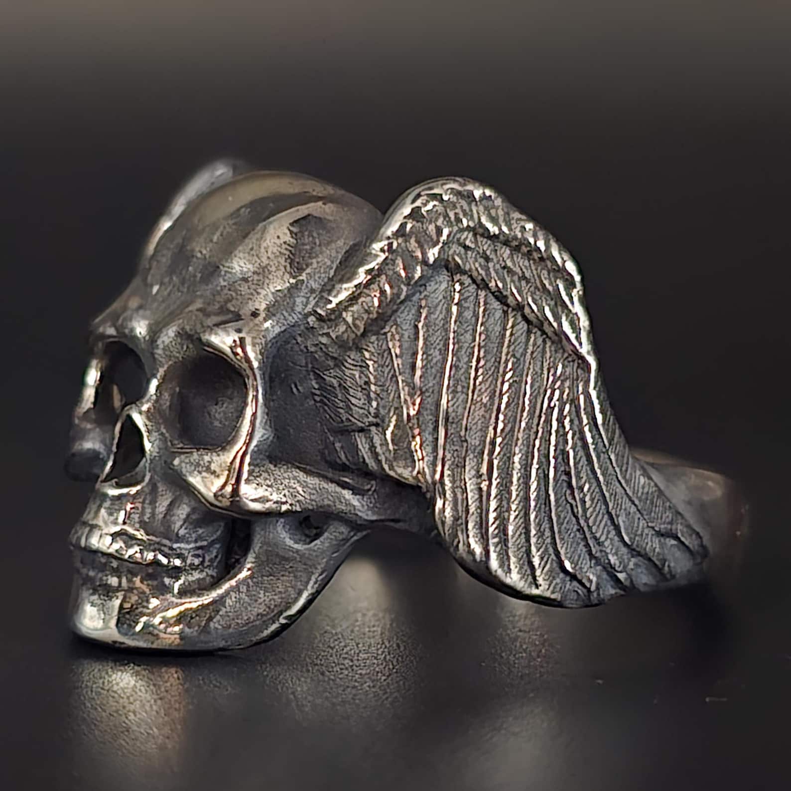 Winged Skull Ring Chunky Heavy Sterling Silver Biker Ring Gothic Rock ...
