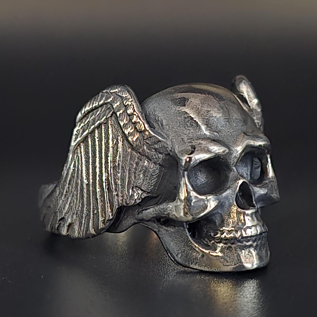 Winged Skull Ring Chunky Heavy Sterling Silver Biker Ring Gothic Rock ...