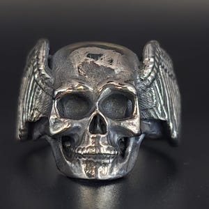 Winged Skull Ring Chunky Heavy Sterling Silver Biker Ring Gothic Rock ...