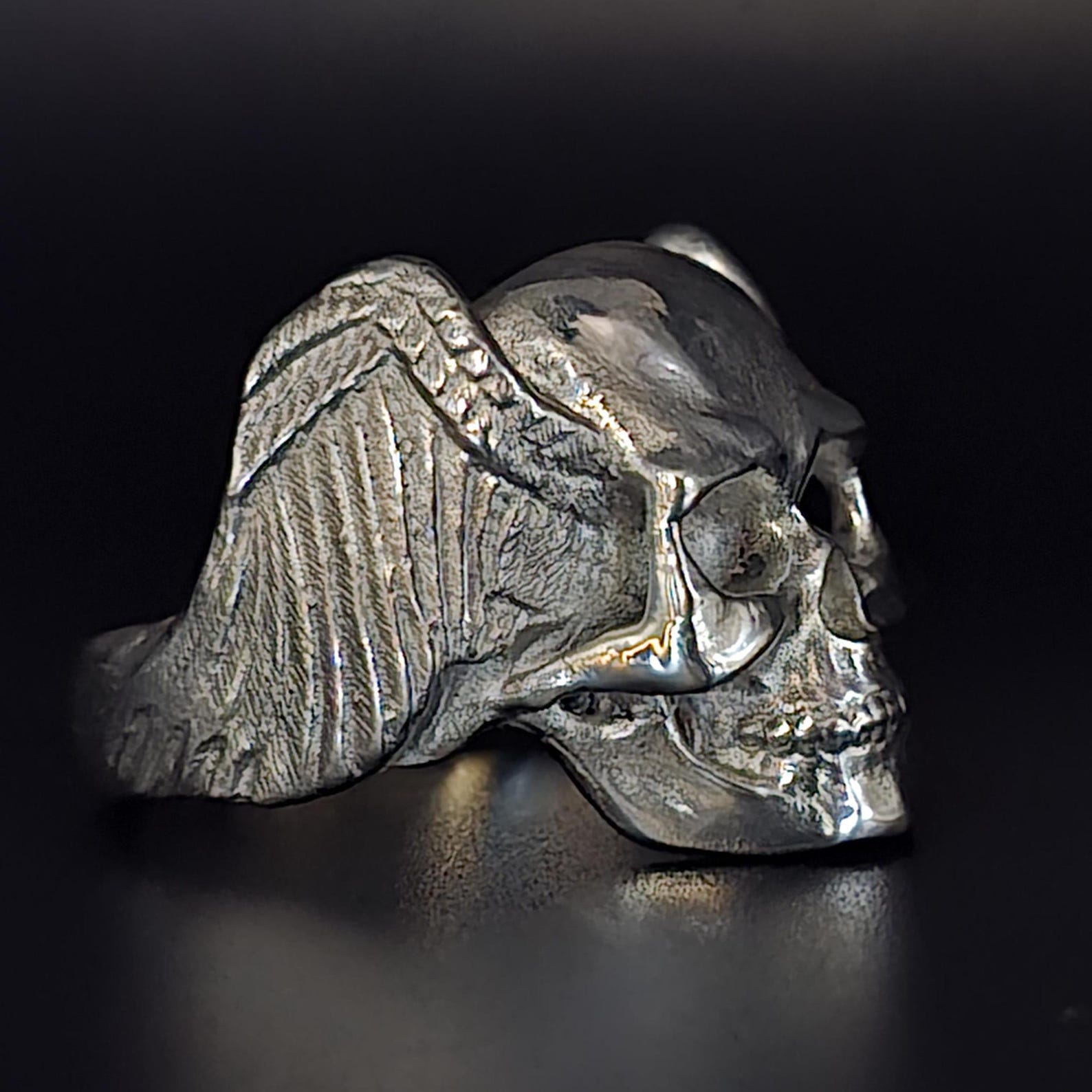 Winged Skull Ring Chunky Heavy Sterling Silver Biker Ring Gothic Rock ...
