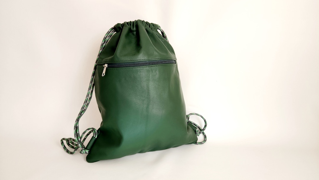 Green Leather Backpack Bag, Sack Bag, Casual Classic Retro Men's Bag ...