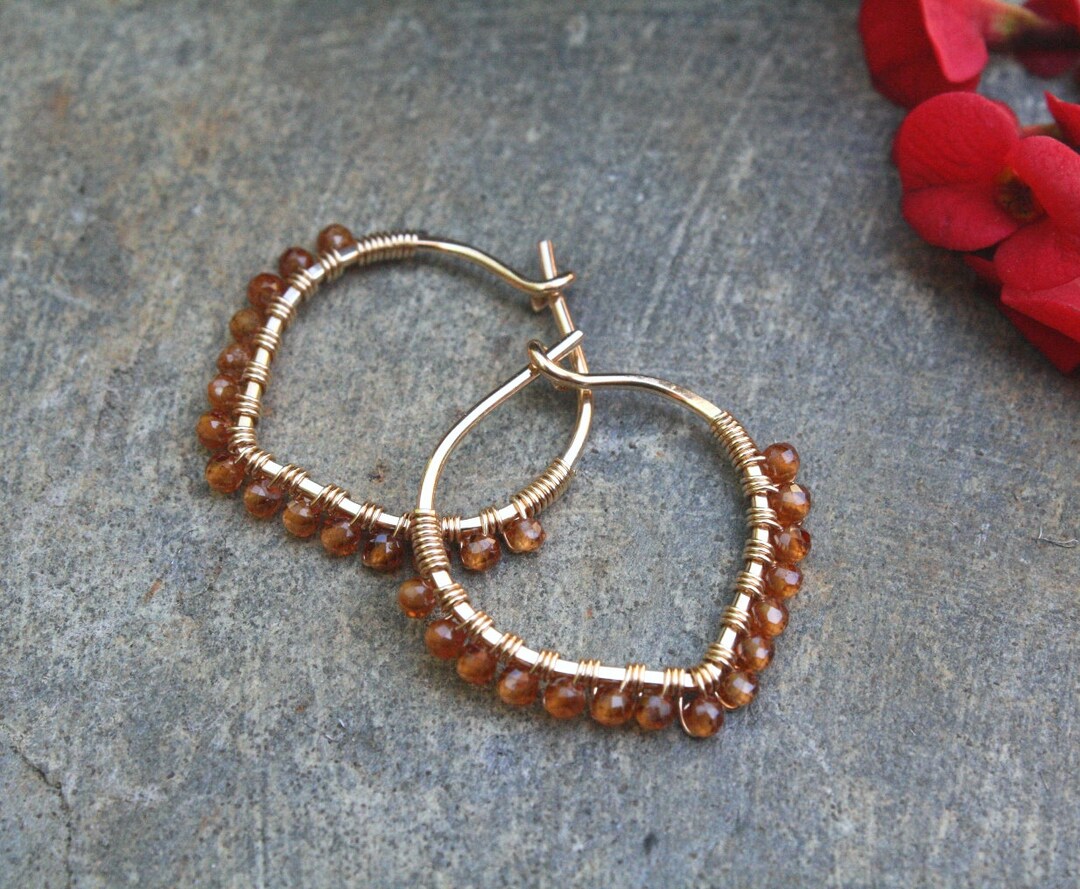 Gold Filled Hoops, Garnet Earrings, 3/4 Inch Gold Hoops, Hessonite ...
