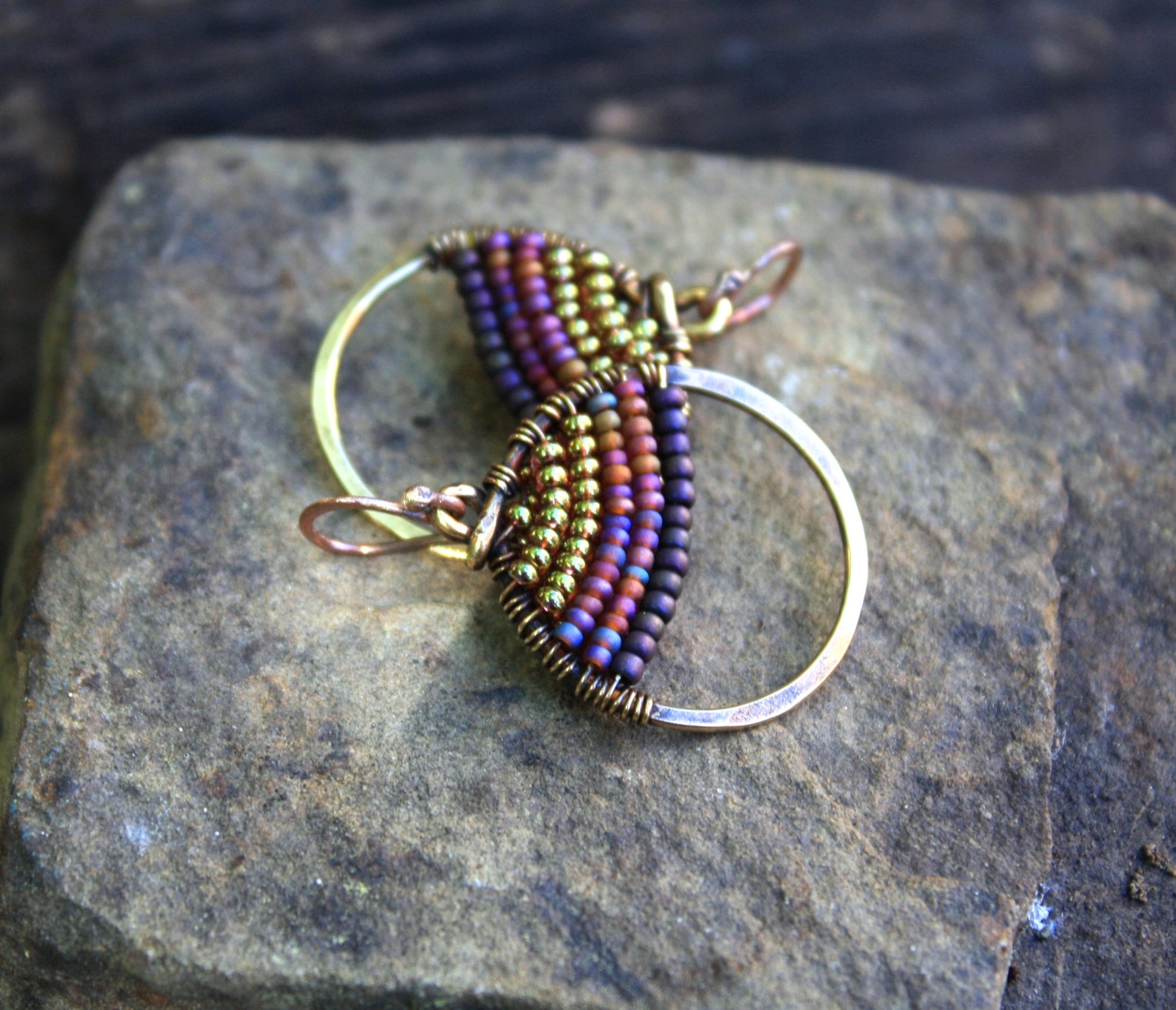 Oxidized Bronze Seed Bead Drop Earrings Hammered Bronze | Etsy