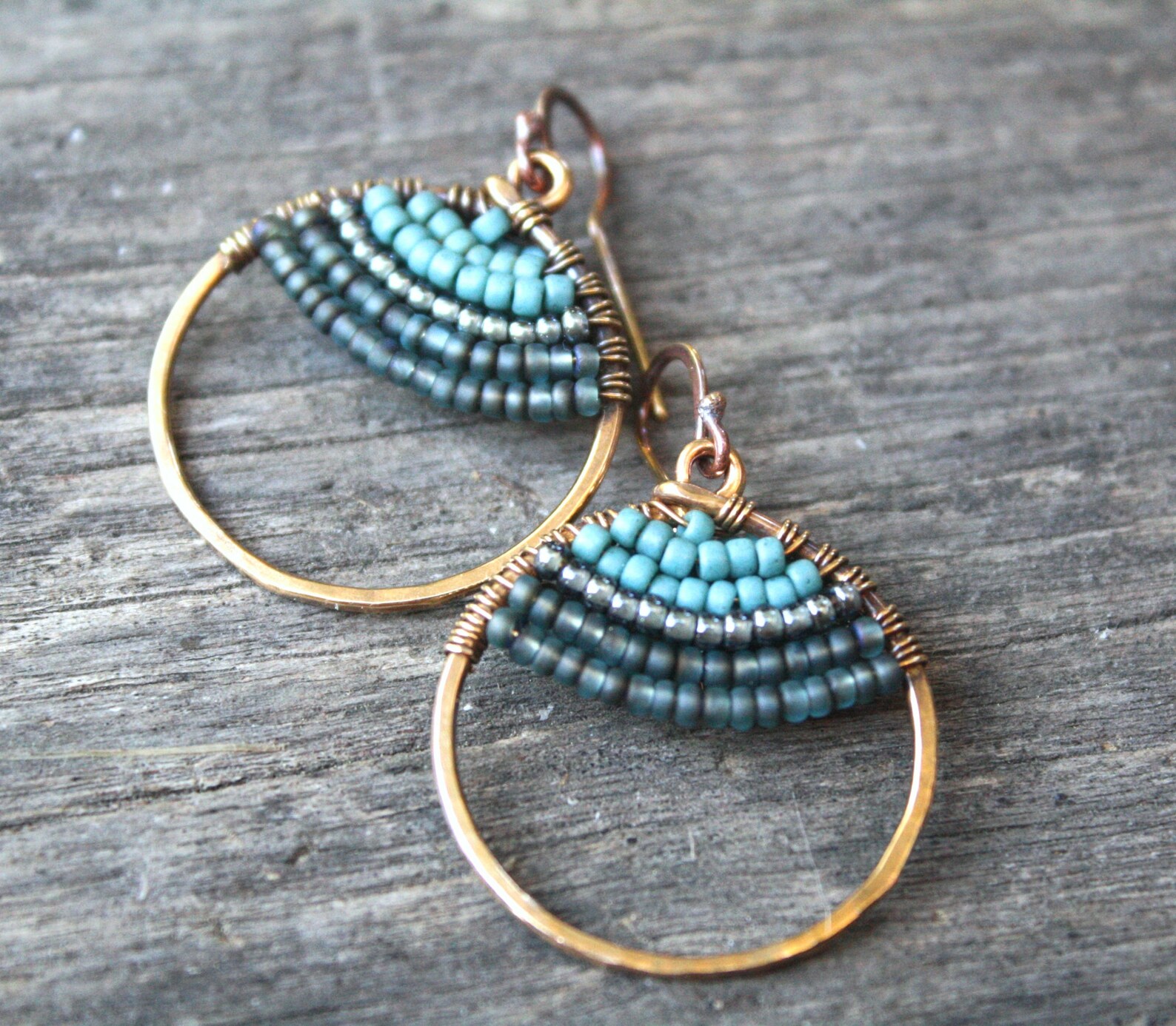 Bronze Woven Seed Bead Drop Earrings Hammered Oxidized | Etsy