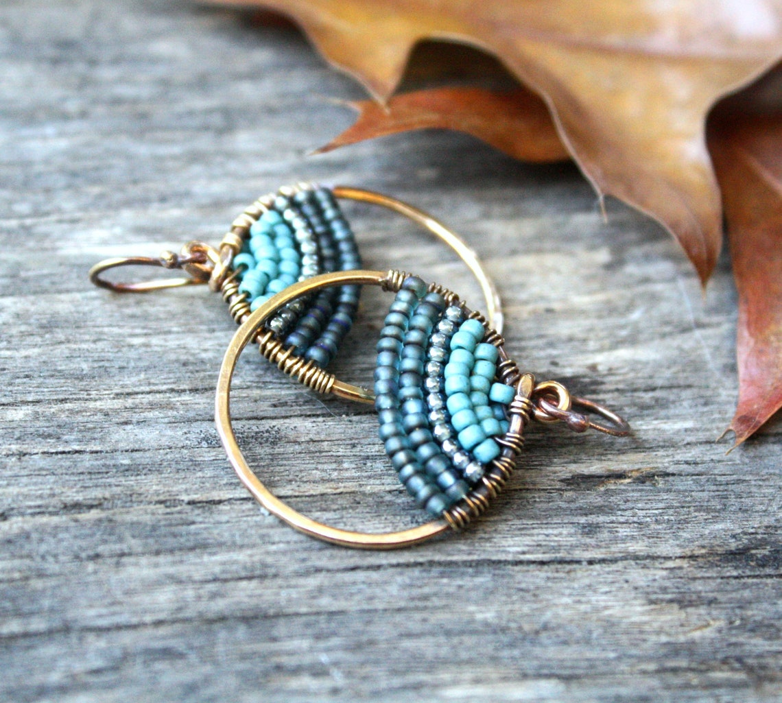 Bronze Woven Seed Bead Drop Earrings Hammered Oxidized | Etsy