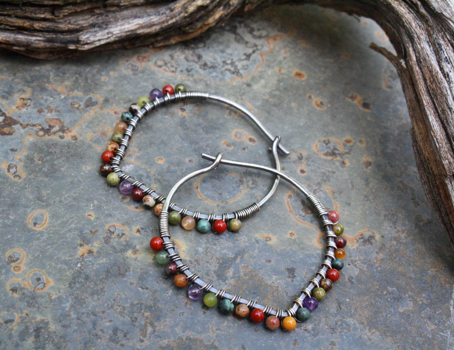 Sterling Silver Hoops 1.25 Inch Hoops Desert Calico Stone - Etsy