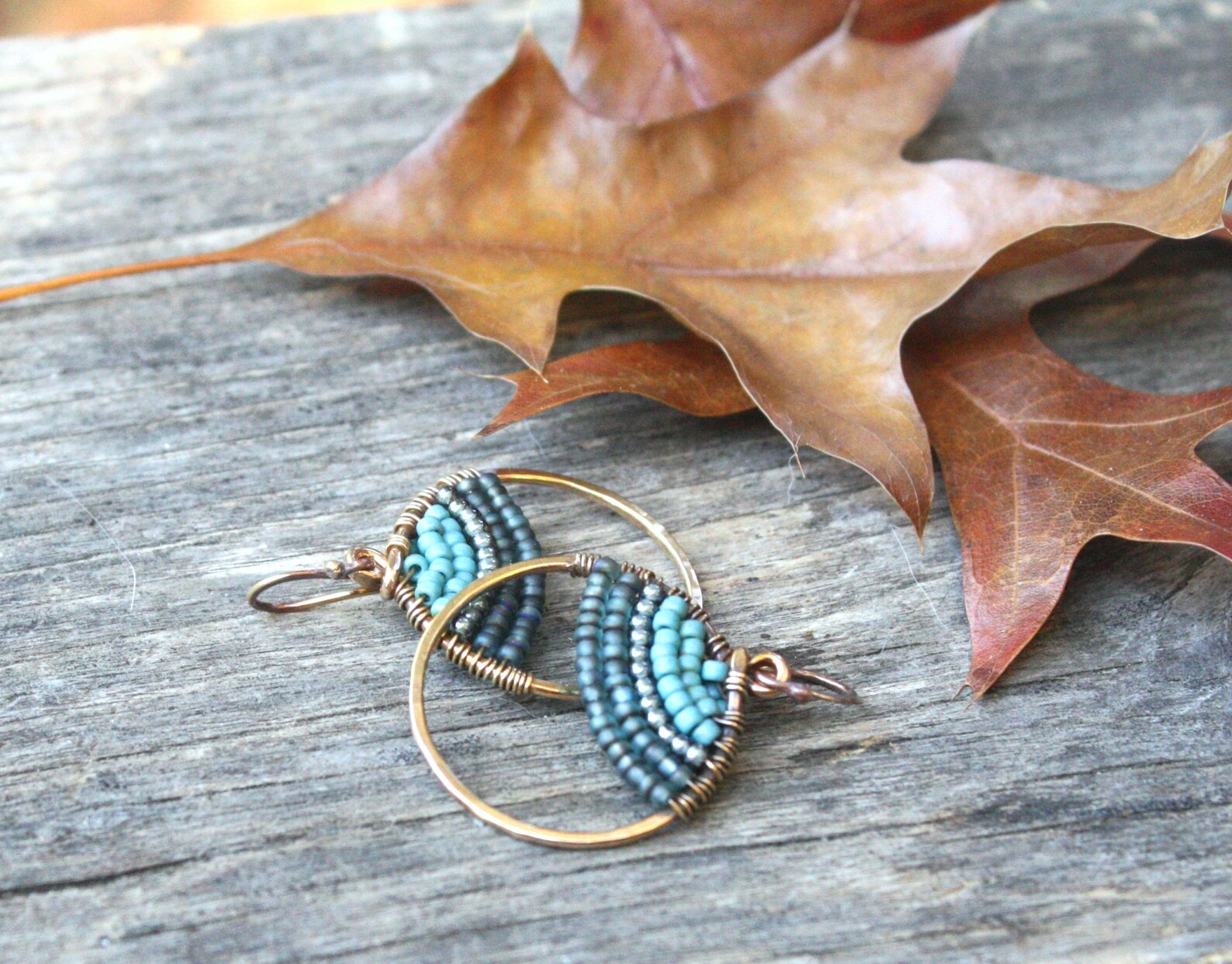 Bronze Woven Seed Bead Drop Earrings Hammered Oxidized | Etsy