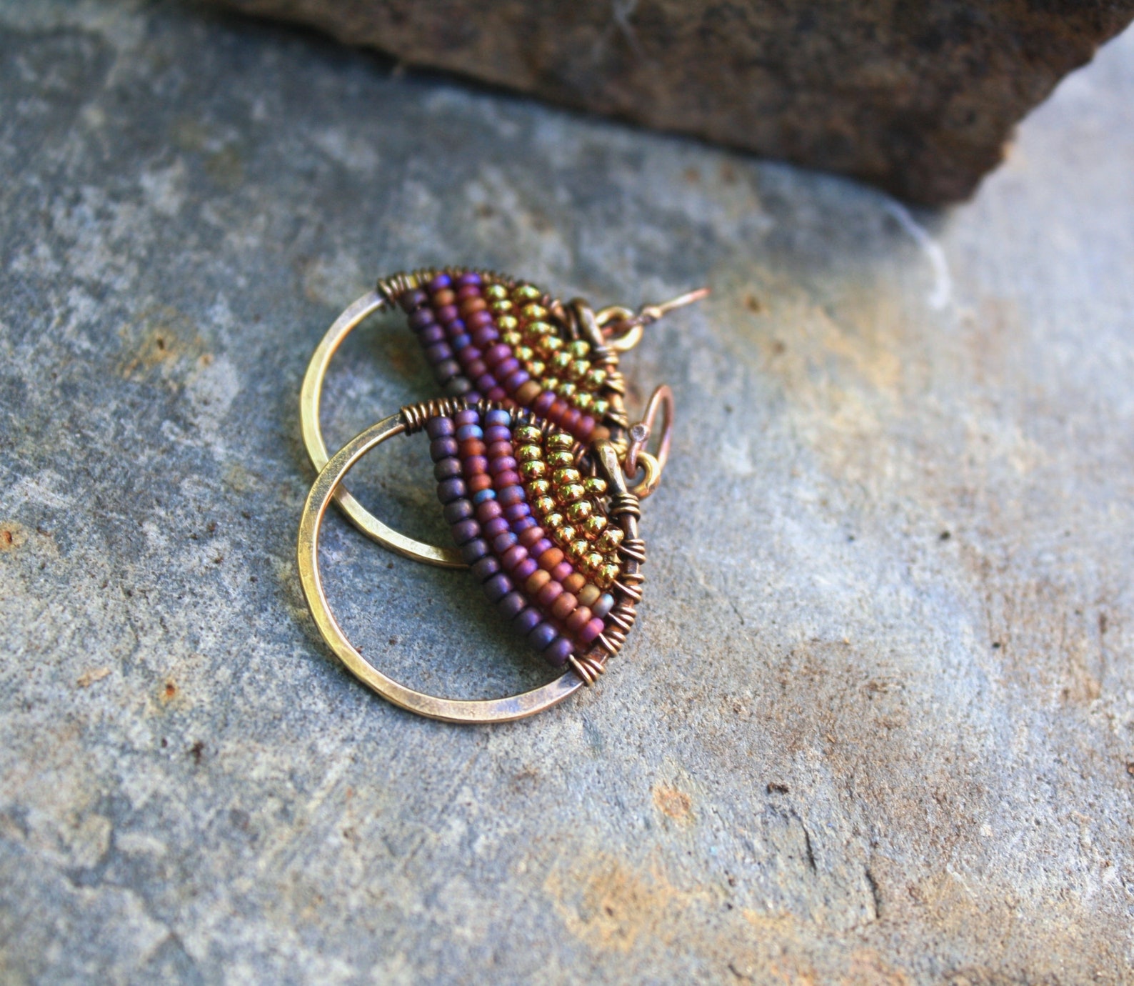 Oxidized Bronze Seed Bead Drop Earrings Hammered Bronze | Etsy