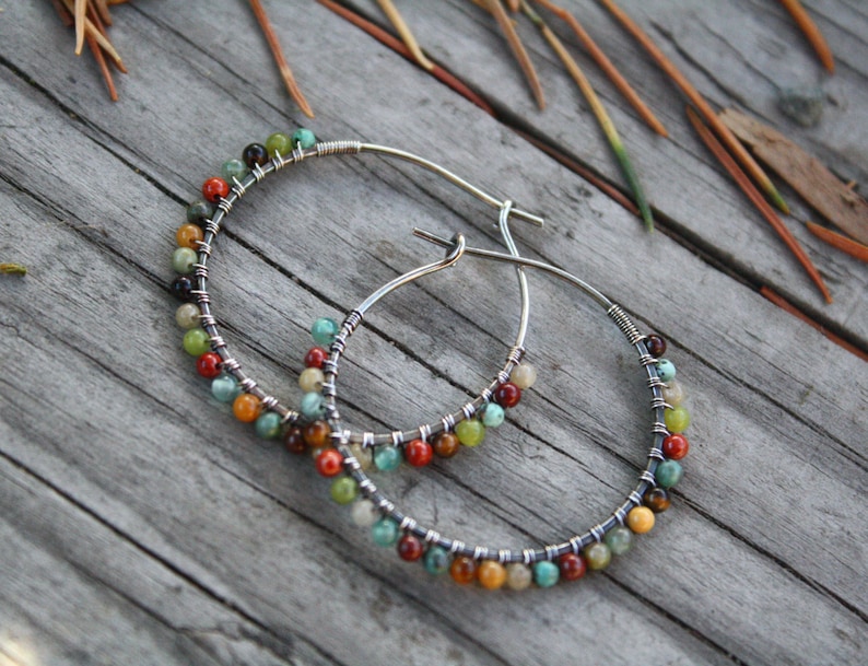 Oxidized Sterling Silver Hoop Earrings: Wire Wrapped Earth Tone Stone ...