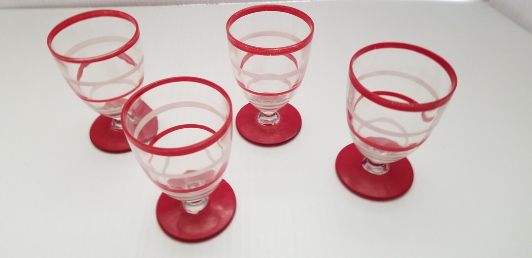 Vintage Glassware Red Striped Pedestal Juice Glass Set of 4 1950's ...