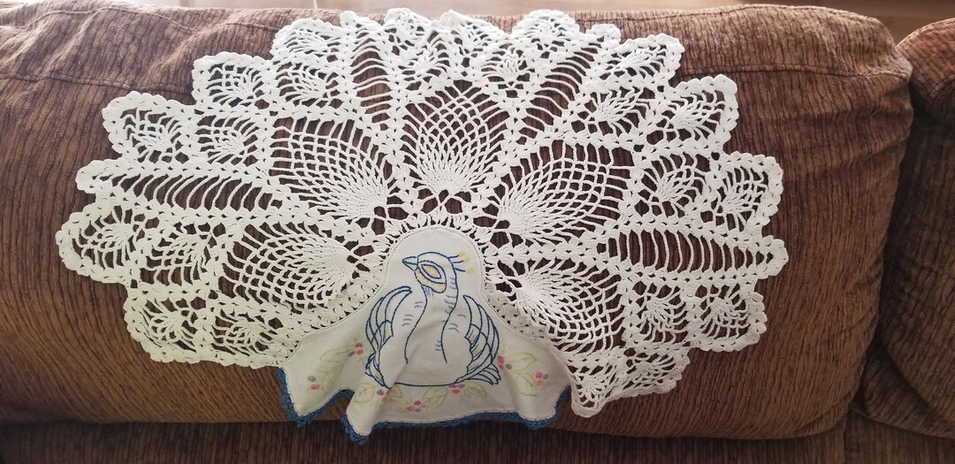 Peacock Doily Large Peacock Embroidered Peacock With Doily Feathers - Etsy