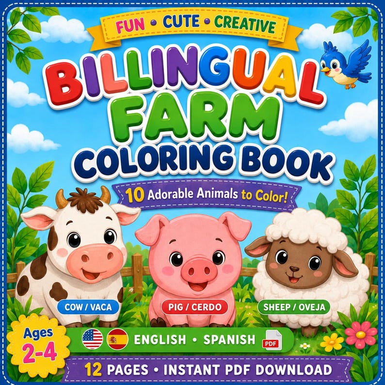 Bilingual Farm Animals Coloring Book, English Spanish Learning Activity ...