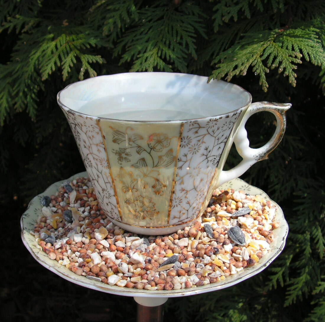 Vintage Cup and Saucer Upcycled into Birdfeeder Yard Art | Etsy