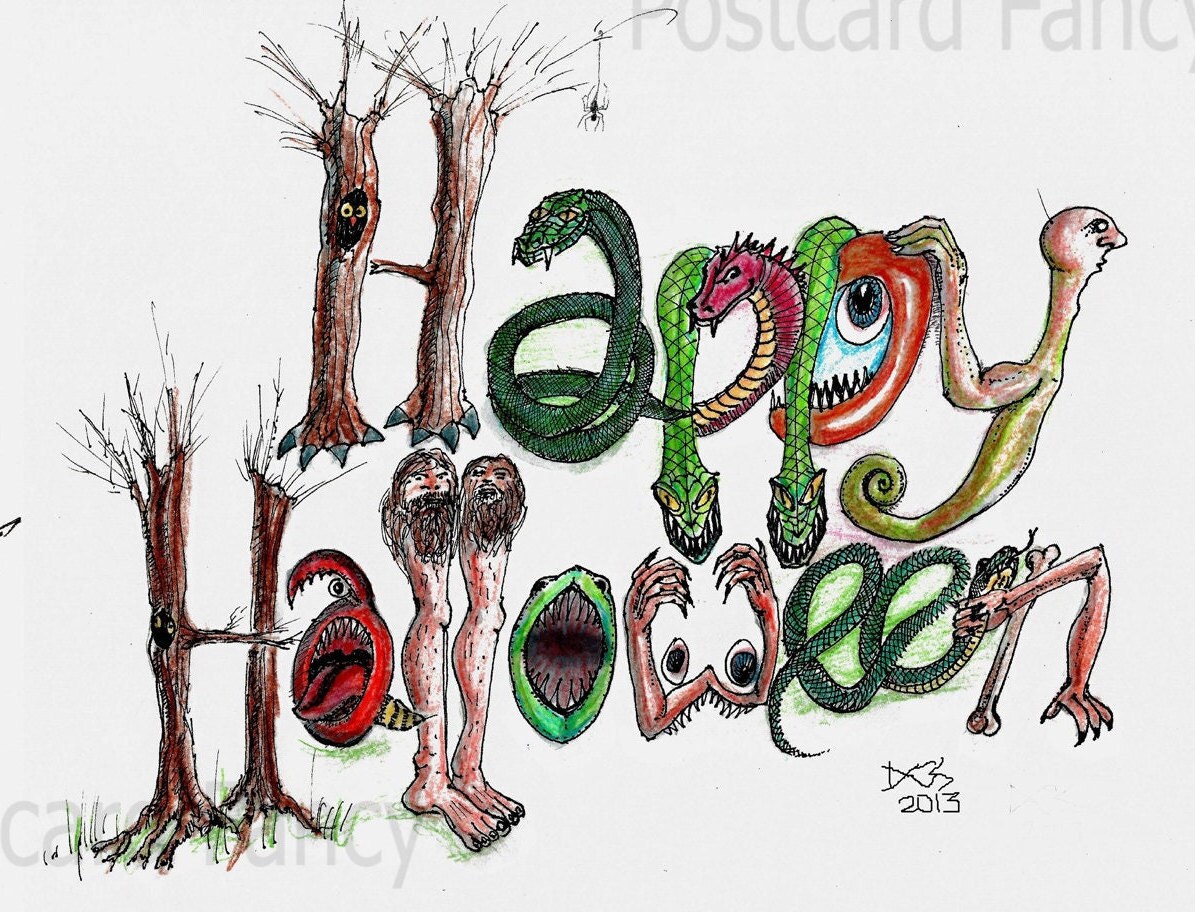 Scary HALLOWEEN Hand Illustrated Postcard Instant DIGITAL - Etsy Canada