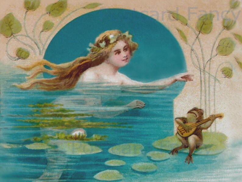 Magical MERMAID and FROG, Instant Digital Download, Vintage Postcard - Etsy