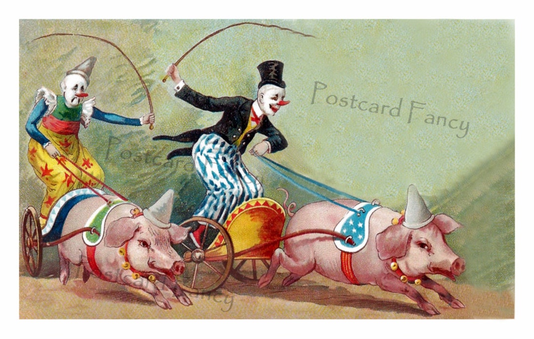 Circus CLOWNS Riding Pigs, Instant DIGITAL Download, Add Message ...